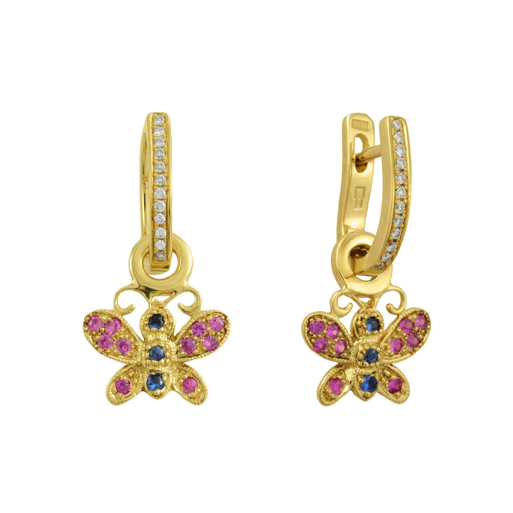 серьги из золота, с бриллиантами, с сапфирами, с рубинами