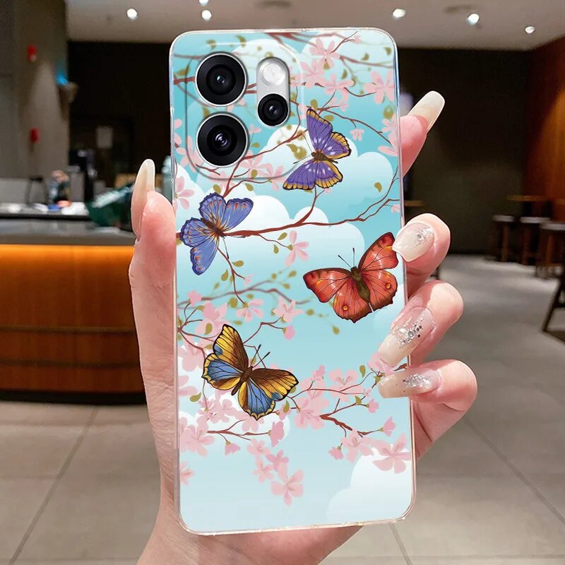 Чехол для телефона OPPO Reno 15 Pro Max 5G, чехол для телефона CPH2813 CPH2811, задняя крышка, модный чехол с рисунком бабочек и цветов, прозрачный мягкий сил