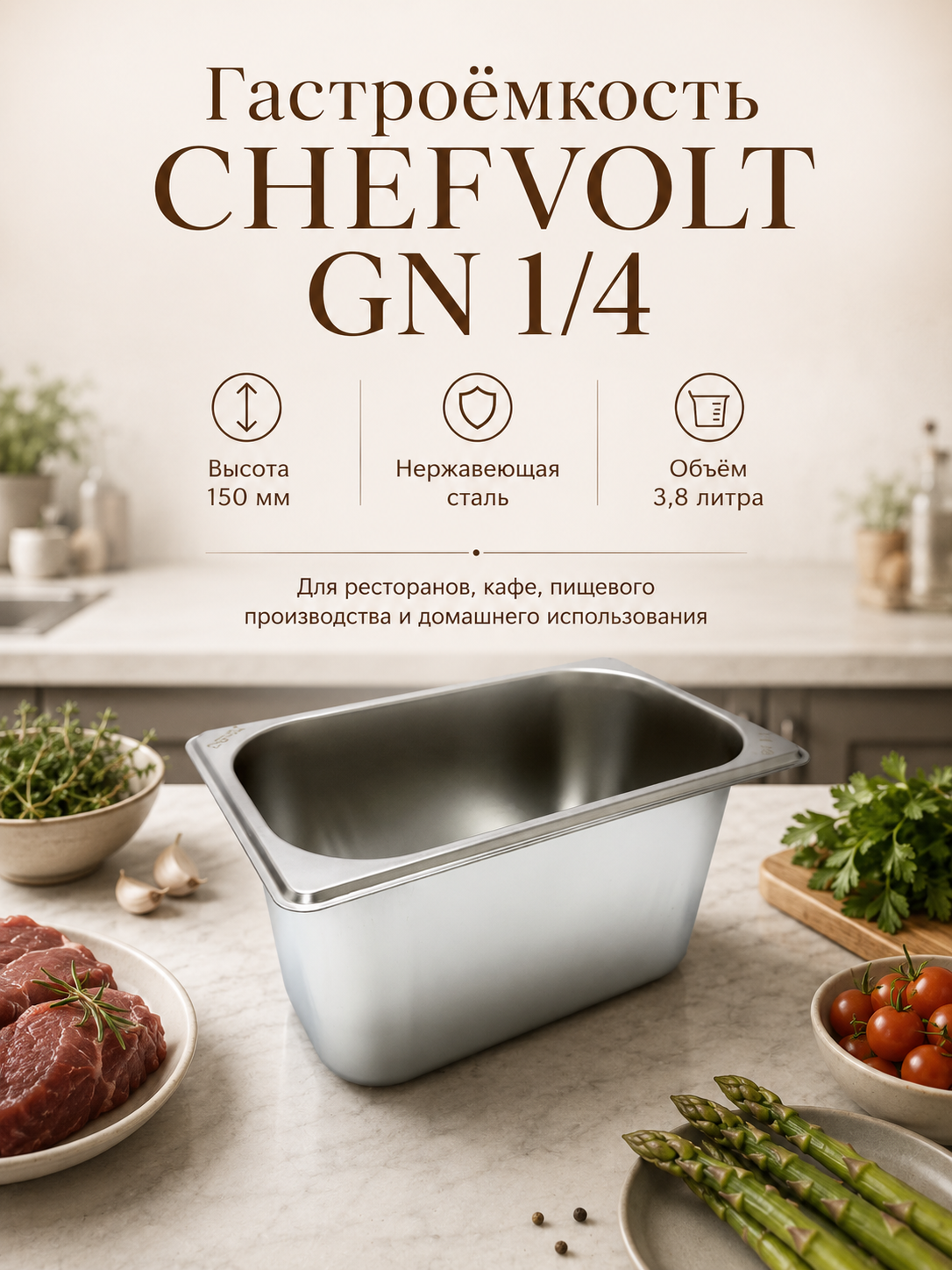 Гастроемкость GN 1/4-150 мм нержавеющая сталь CHEFVOLT
