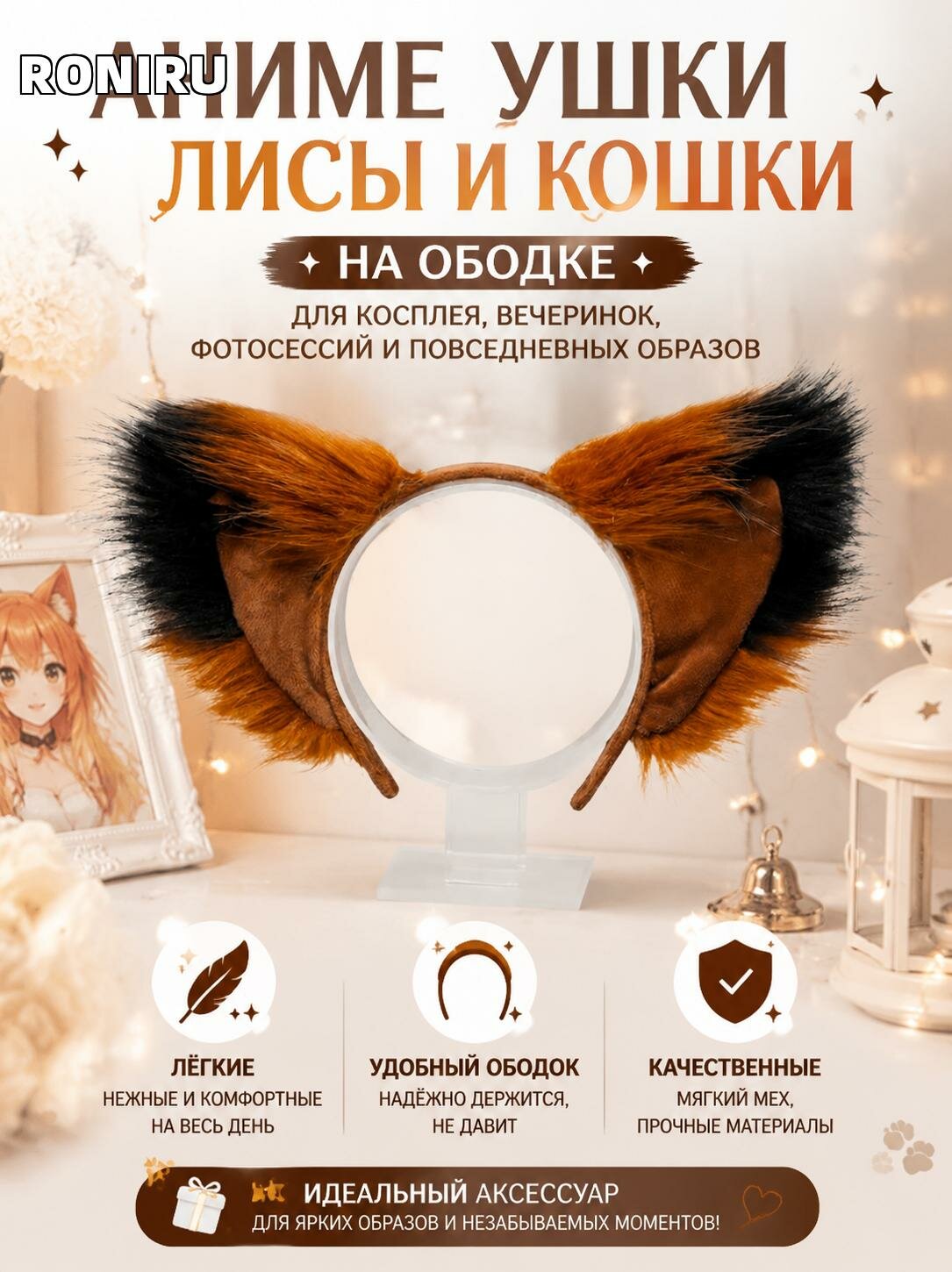Аниме ушки лисы и кошки на ободке — аксессуар для косплея, вечеринок, фотосессий и повседневных игривых образов