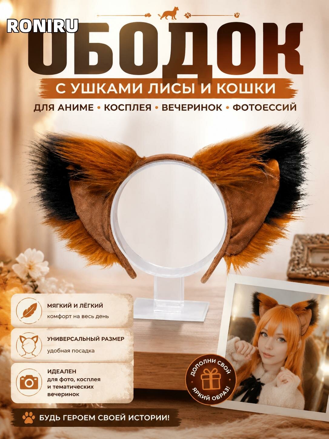 Ободок с ушками лисы и кошки для аниме и косплея — аксессуар для вечеринок, фотосессий и тематических образов!