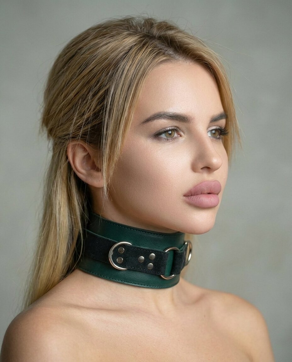 Ошейник для БДСМ-игр, натуральная кожа изумрудный, мягкий подклад
