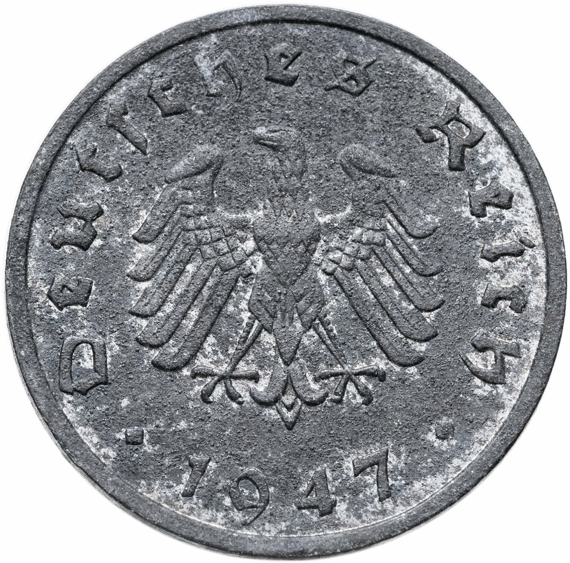 Германия, послевоенная оккупация 10 рейхспфеннигов reichspfennig 1947, знак монетного двора: "F" - Штутгарт, Цинк, в сохранности VF
