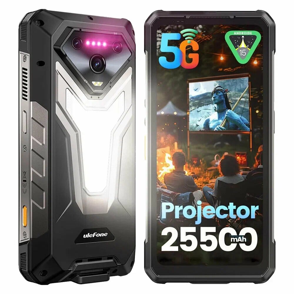 Защищенный смартфон ULEFONE Armor 34 Pro Black, 25500мАч, Проектор, Фонарь, Ночная Камера, 16/512 ГБ,120Гц, Гарантия год