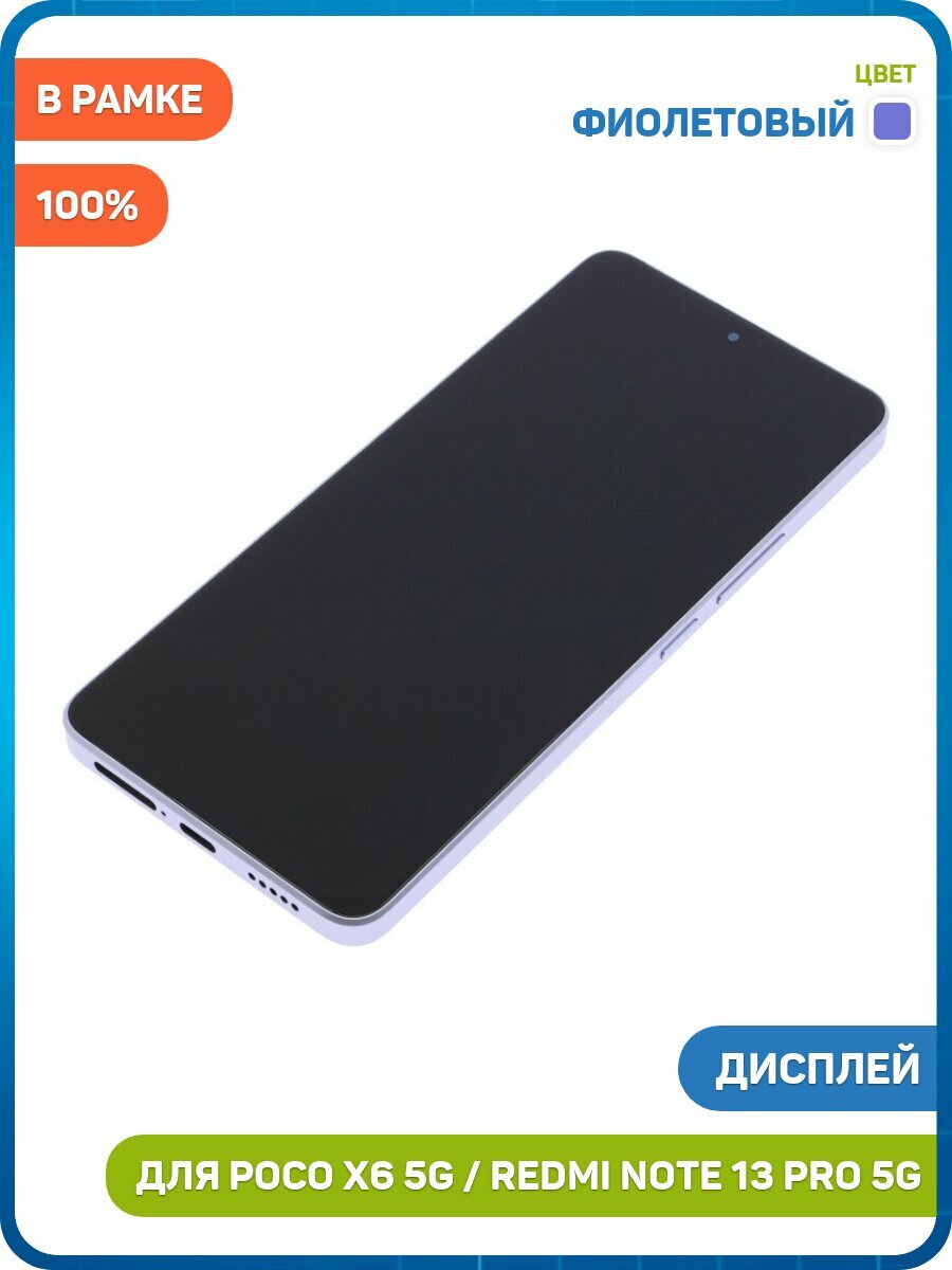 Дисплей для Xiaomi Redmi Note 13 Pro 5G / POCO X6 5G (в сборе с тачскрином) в рамке, фиолетовый, 100%