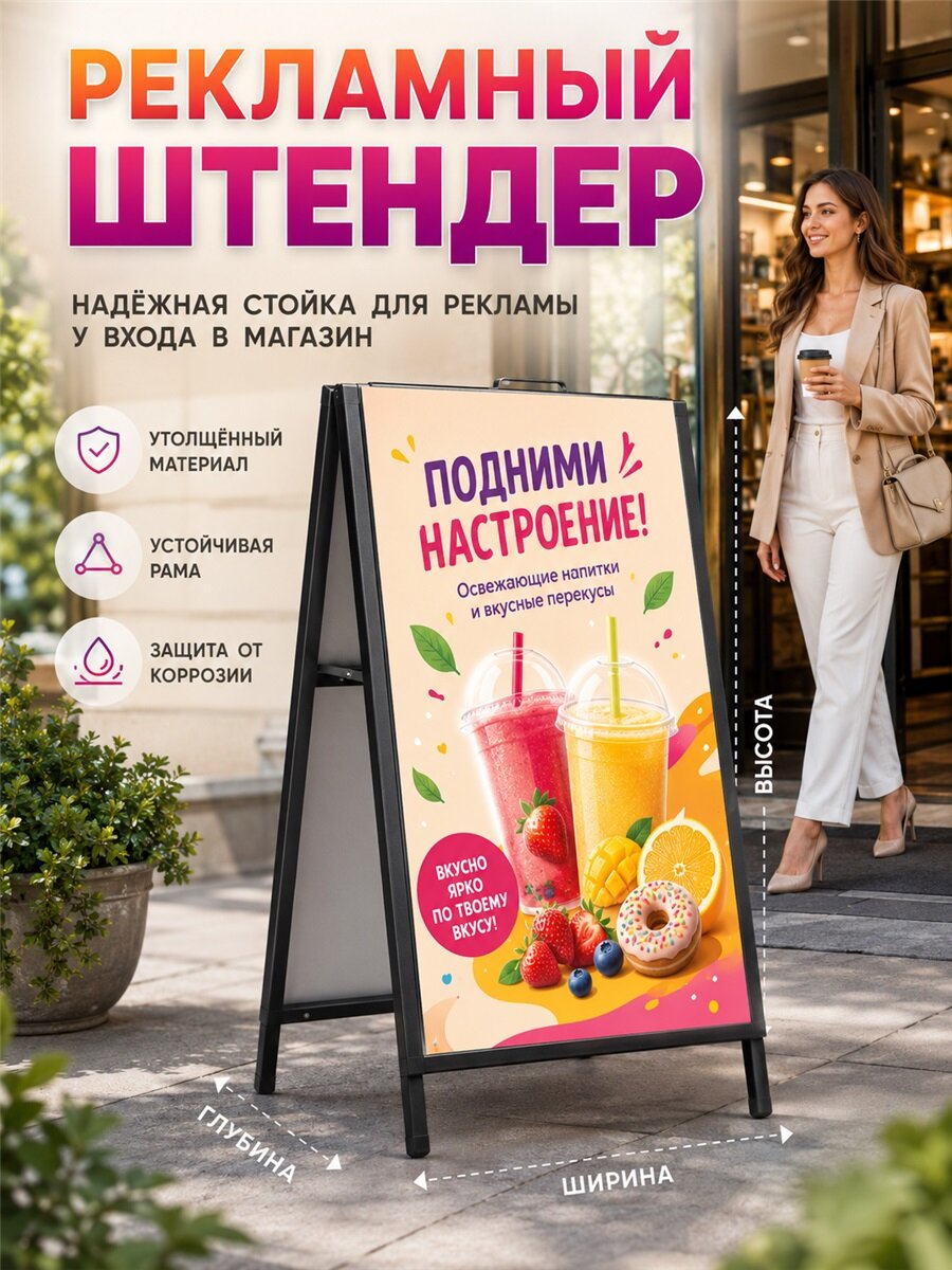 Рекламный стендер А-образный из утолщённого материала с антикоррозийной защитой, устойчивая рама для размещения объявлений у входа в магазин