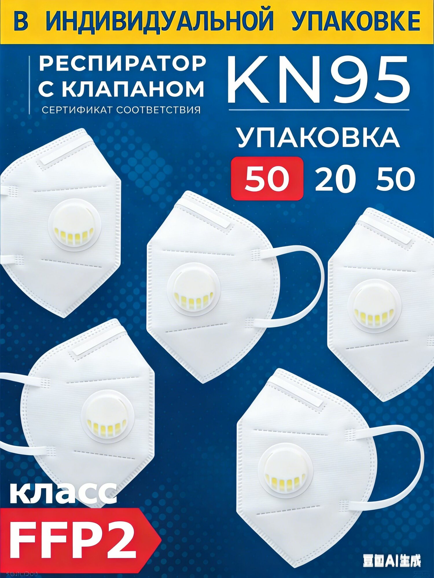 Респиратор FFP2 с клапаном дыхания многоразовый 100 шт