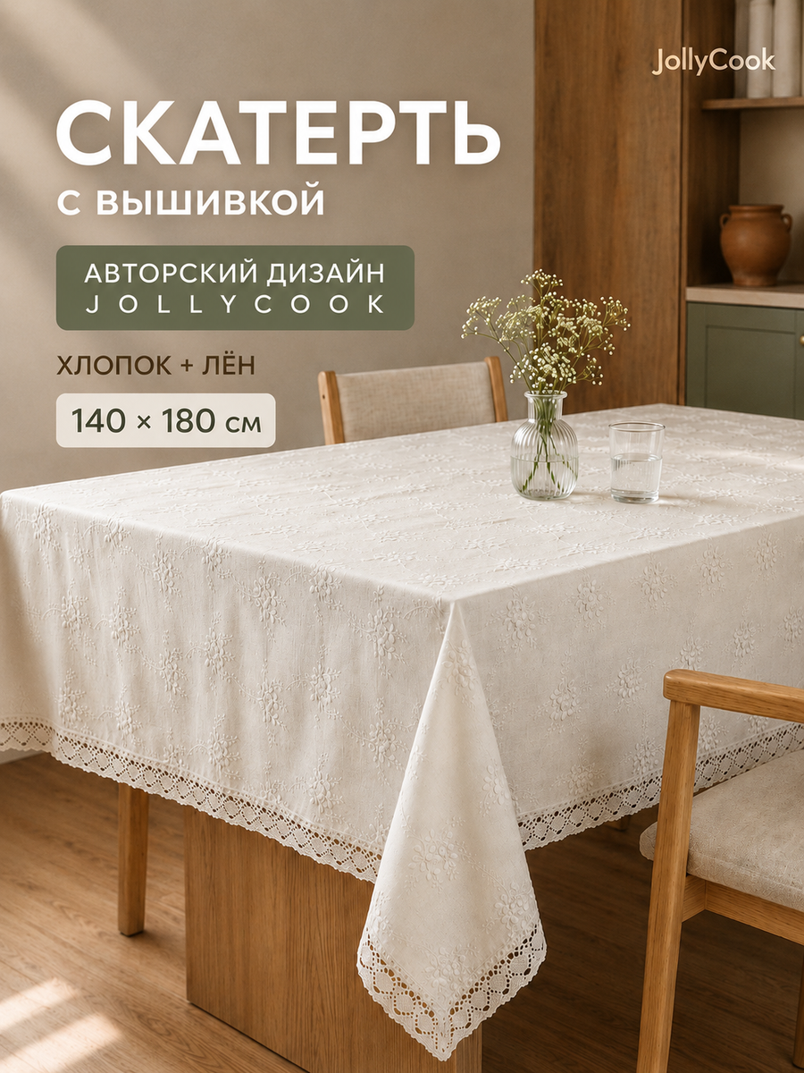 JollyCook Скатерть с вышивкой и кружевом в стиле прованс, бохо / хлопок 140x180 см, белый