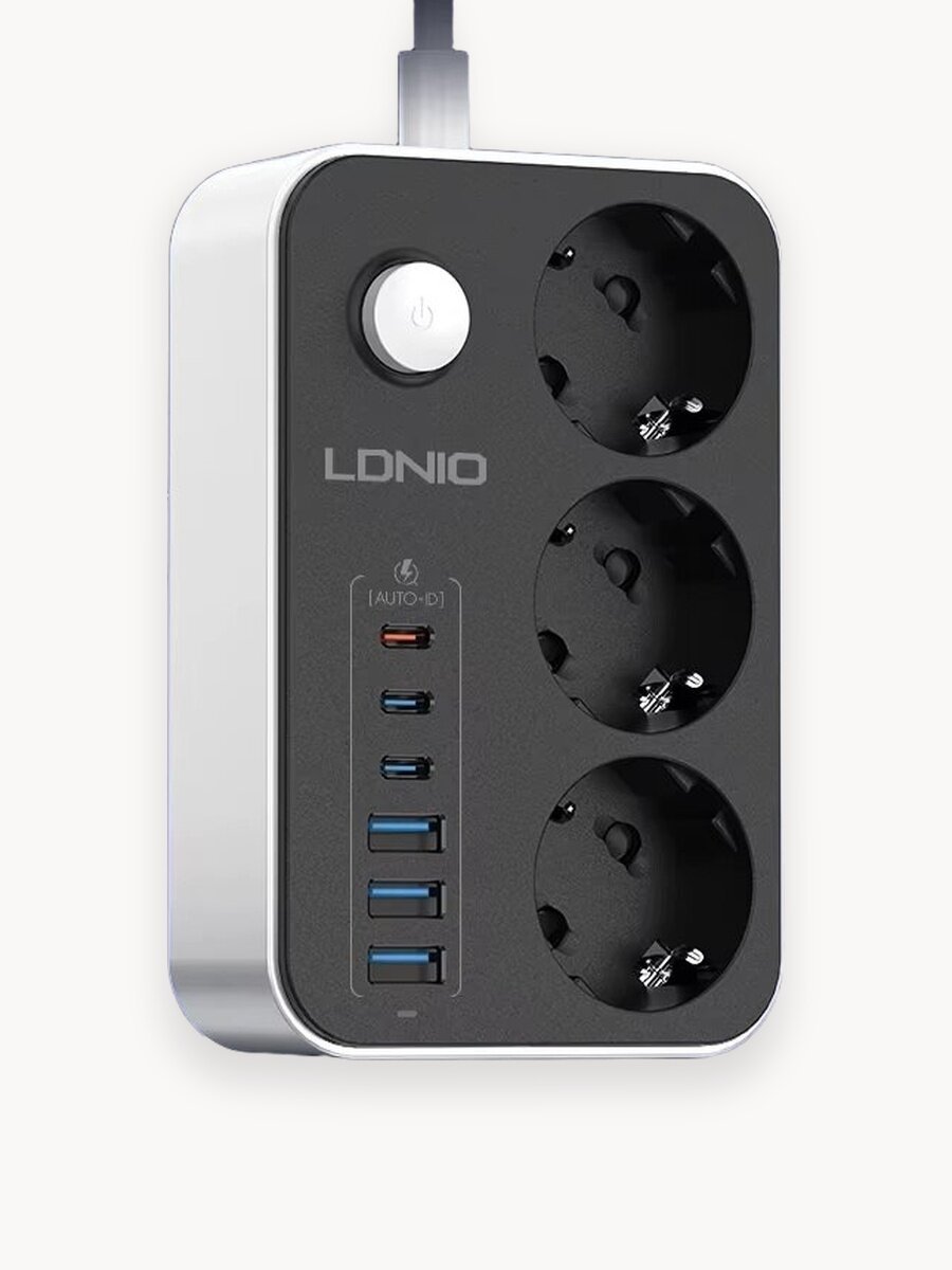 Сетевой фильтр LDNIO SE3631C, 3 розетки + 6 USB (USB-C 20W PD), умная защита, 2500 Вт, выключатель, кабель 2м