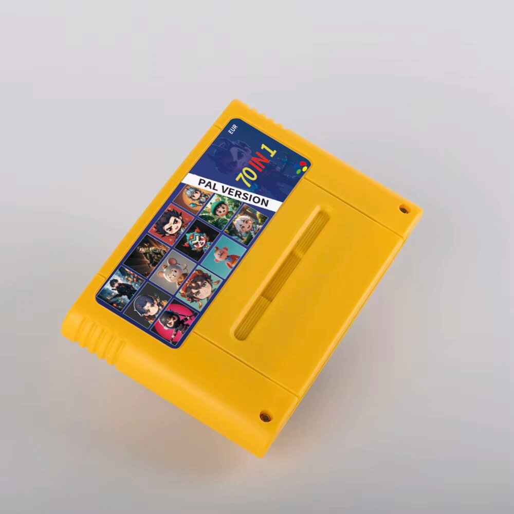 Игровой картридж 70 в 1 (европейская версия PAL) для 16-битных консолей SNES с играми SoulBlazer, Donkey Kong 1, 2, 3, Metroid.