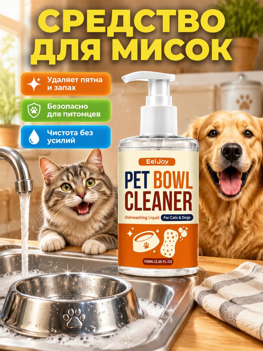 EelJoy Моющее средство для мисок домашних животных, удаление пятен и запахов, чистка посуды для кошек и собак, 100 мл, для кошек и собак