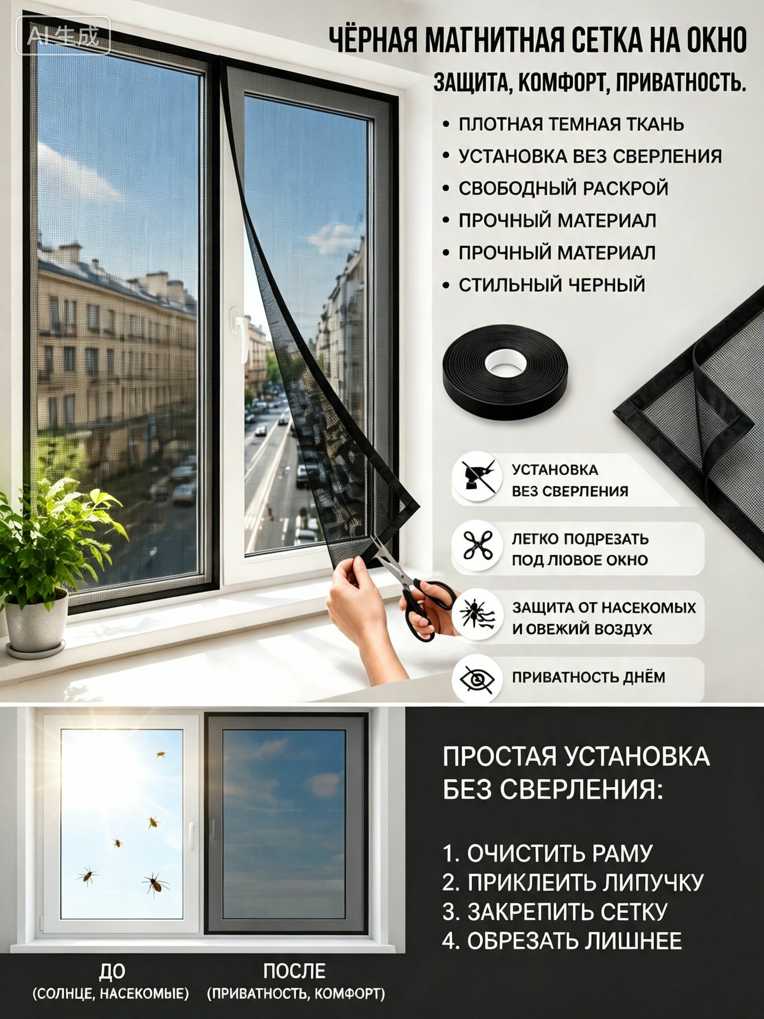 Качественная самоклеящаяся москитная сетка, 1,5х2 м, черная, из полиэфира, на липучке