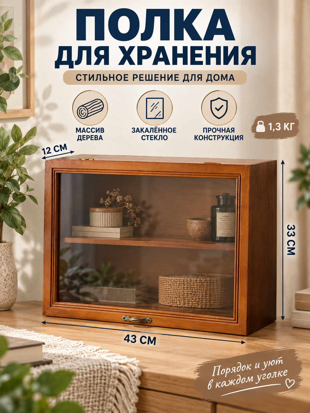 Полка-витрина настольная из массива дерева с закалённым стеклом, для хранения декора и мелочей