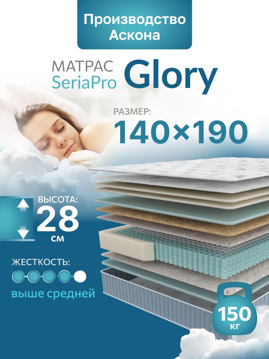 Анатомический матрас, Ортопедический матрас 140х190 см Seria Pro Glory, Независимые пружины
