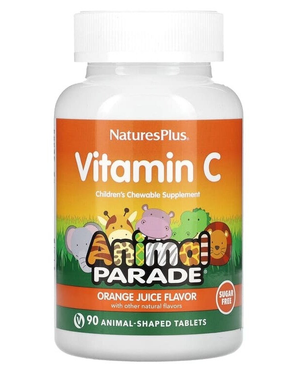 Natures Plus Animal Parade Vitamin C Chewable, Витамин С 90 жевательных таблеток - вкус Апельсинового сока (без сахара)