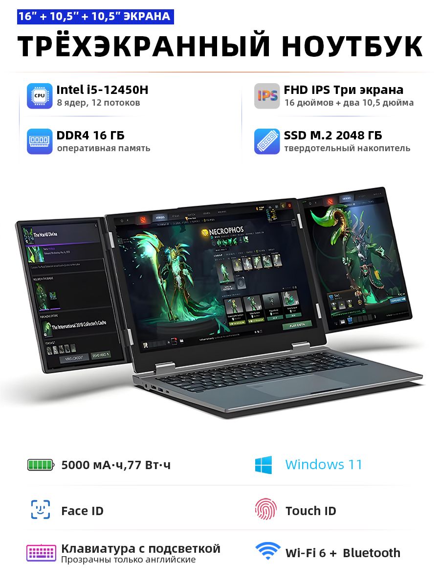 Трёхэкранный ноутбук 16" + 10,5" 2, Intel Core i5-12450H, 8 ядер 12 потоков, DDR4 16ГБ, M.2 2048ГБ SSD, 5000 мА ч