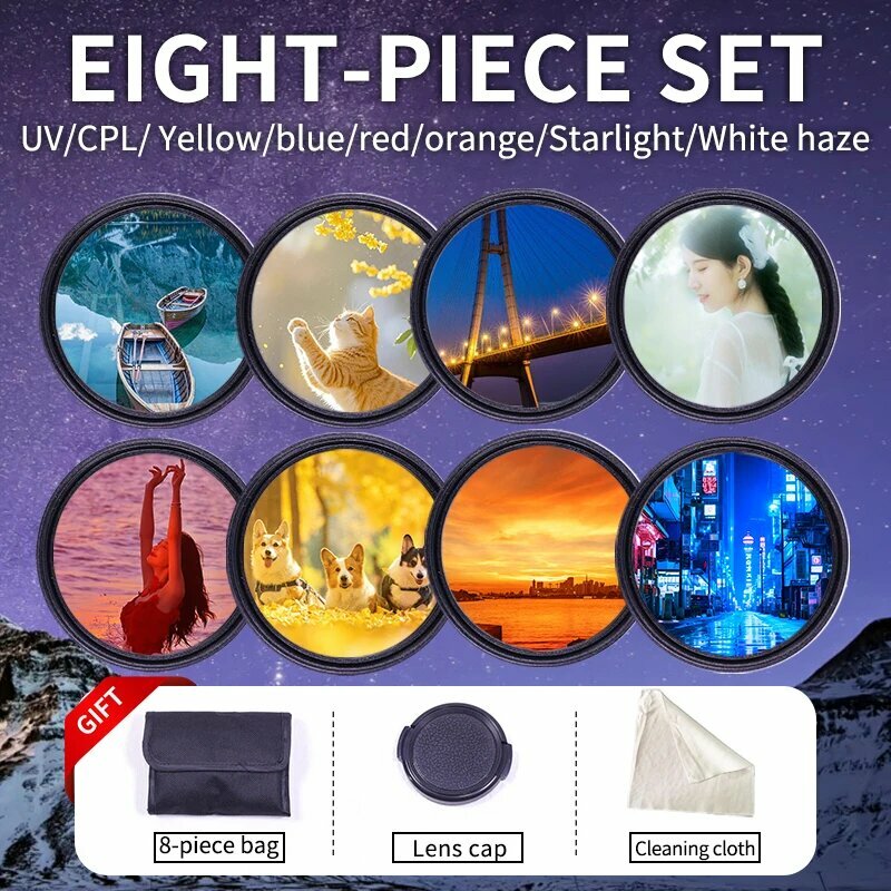 Набор фильтров для камеры 8IN1: UV, CPL, желтый, синий, красный, оранжевый, Starlight, White Haze
