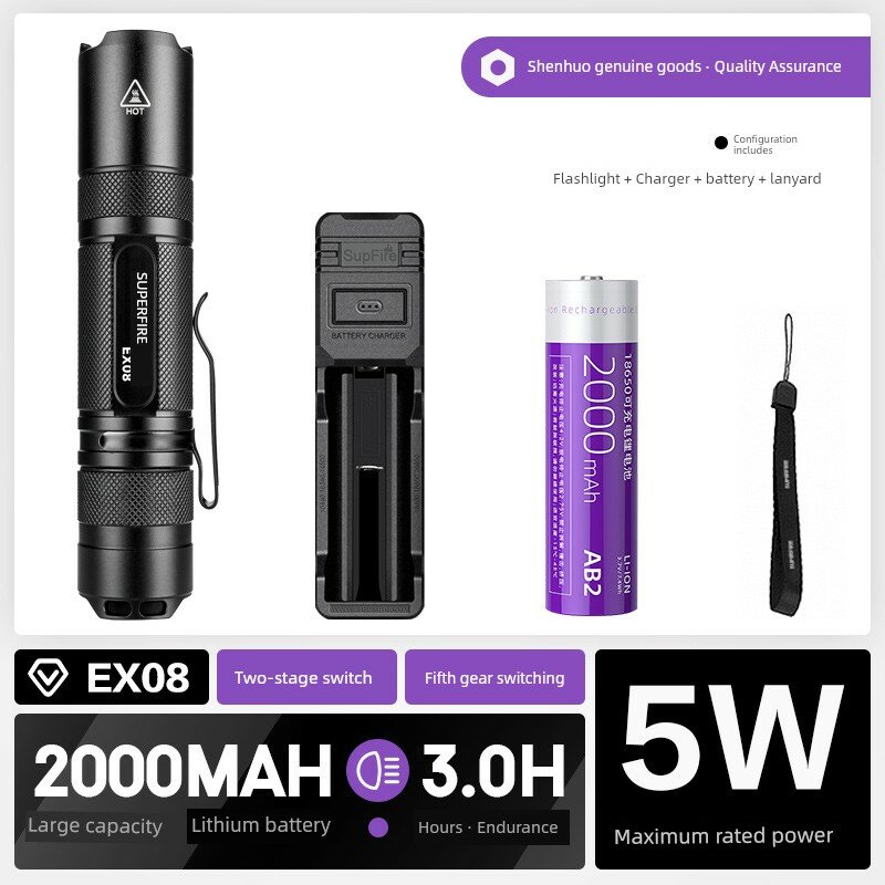 EX08 Мини-фонарик с LED: Аккумулятор 2000 мАч, 3 часа работы, портативный наружный фонарь для походов и кемпинга