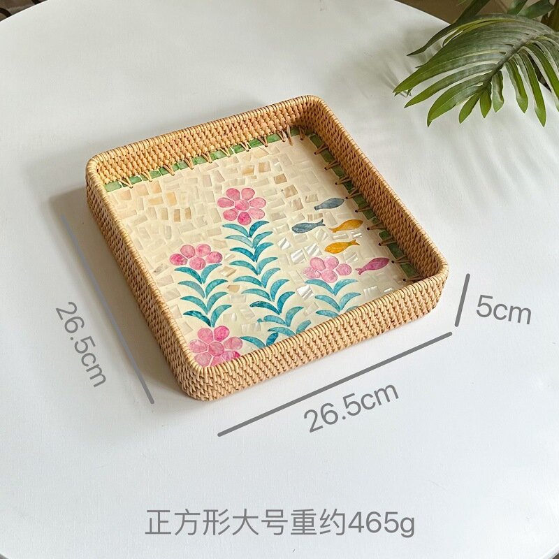 Вьетнамская плетеная тарелка из ротанга с цветными ракушками, скандинавский креативный ручной работы, декоративная тарелка для фруктов, поднос для хранения украшений, поднос для чая, квадратная тарелка