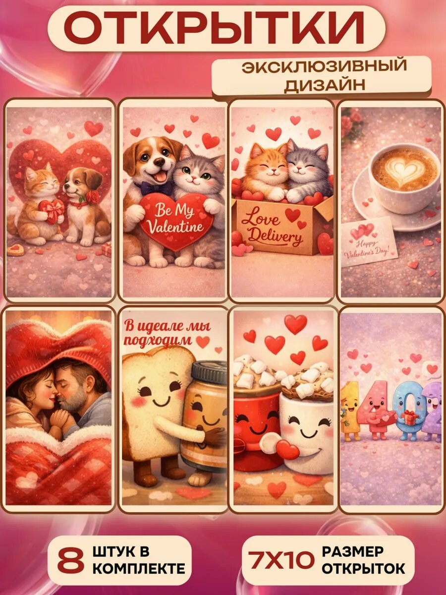 Открытка с Днем влюбленных, Святого Валентина, 8 шт 7х10 см