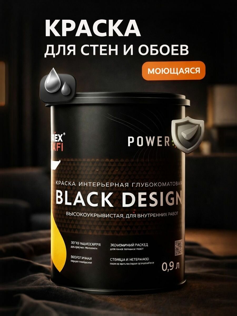 Краска для стен черная матовая моющаяся 0,9 л BlackDesign FARBITEX PROFI акриловая без запаха глубокоматовая, для потолка и мебели