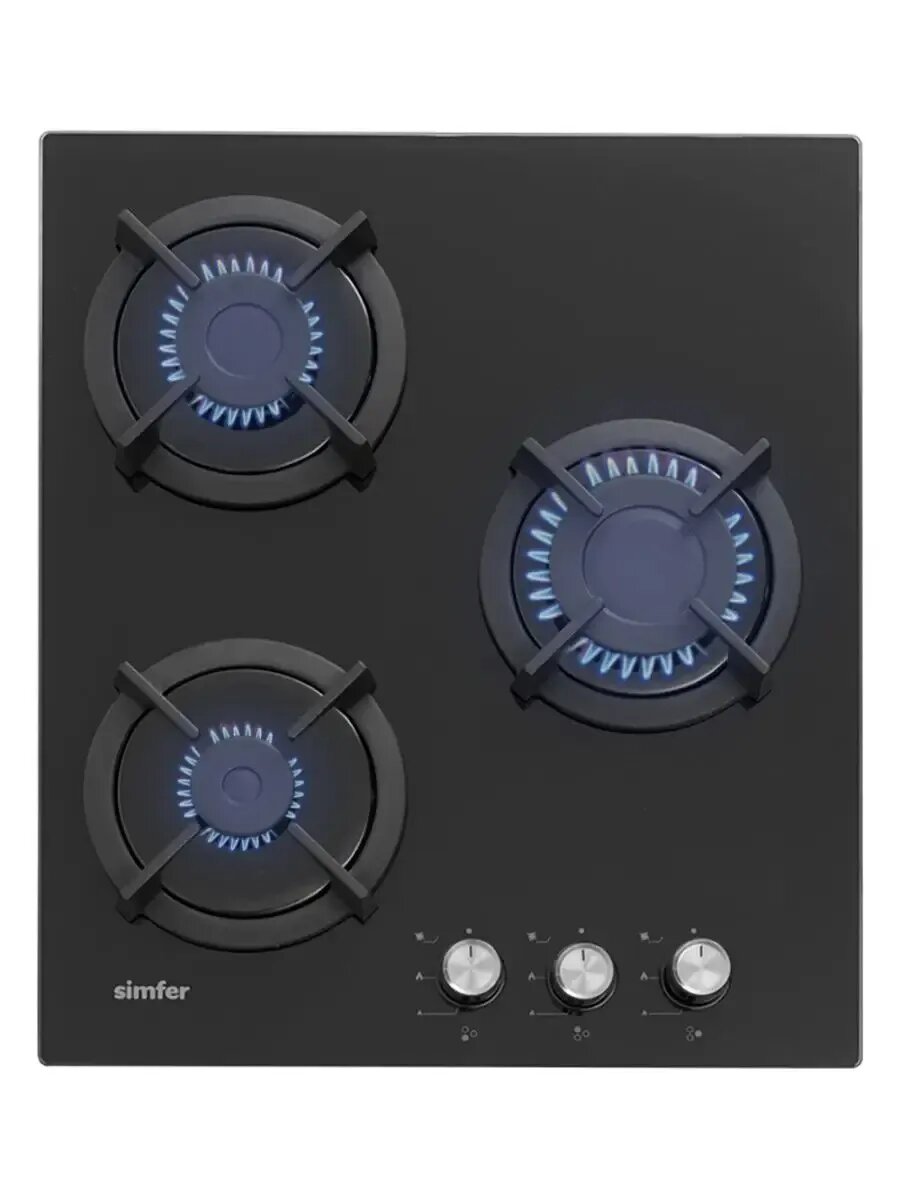 Варочная панель Simfer H45N30B416 черная, газовая, 3 конфорки 5,65 кВт, элекртоподжиг, чугунные решетки