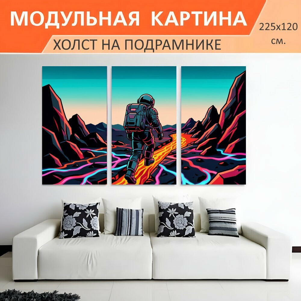 Модульная картина на холсте "Космонавт в инопланетном ландшафте. Футуристическая сцена в неоновой палитре: астронавт шагает по." триптих на подрамнике 225х120 см. для интерьера