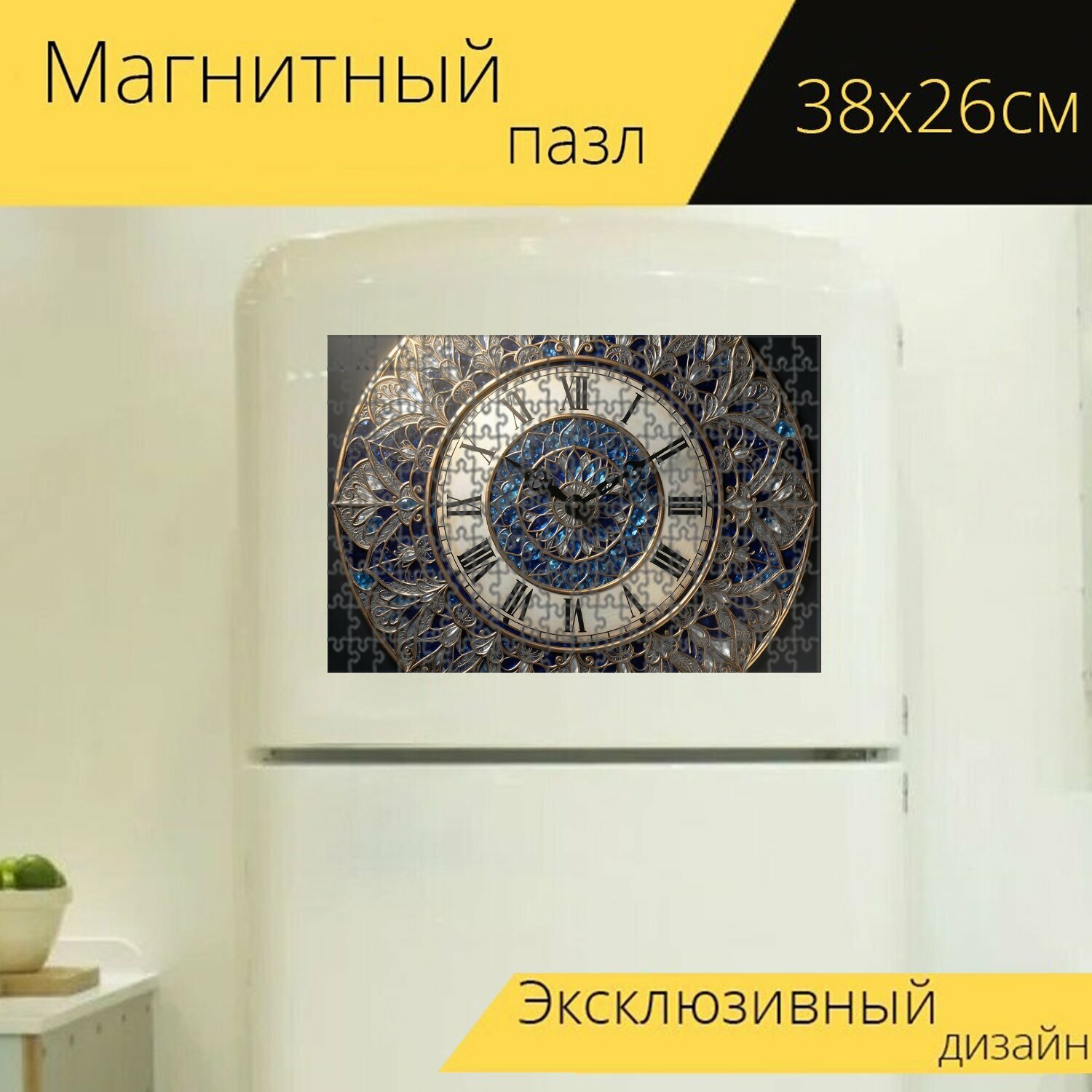 Магнитный пазл "Старинные часы с синим орнаментом. Роскошный круглый циферблат в стиле ар-деко с латунным ажурным декором и витражными синими вставками." для интерьера, 38х26 см.