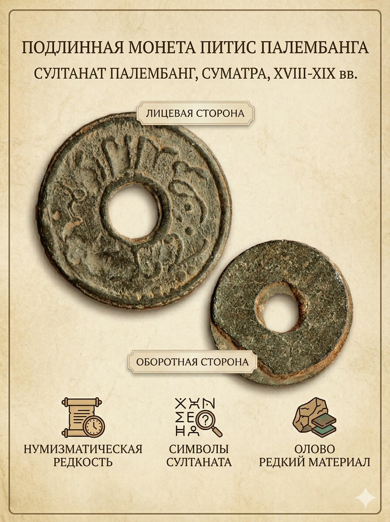 Подлинная монета Индонезия Султанат Палембанг Суматра 1 питис XVIII-XIX веков олово