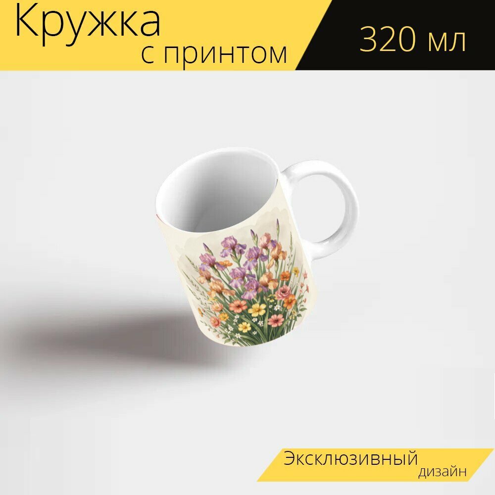 Кружка с рисунком, принтом "Ирисы и полевые цветы. Нежная ботаническая композиция с лиловыми, розовыми и оранжевыми ирисами, ромашками и полевыми соцветиями. Акварельная." 320 мл.