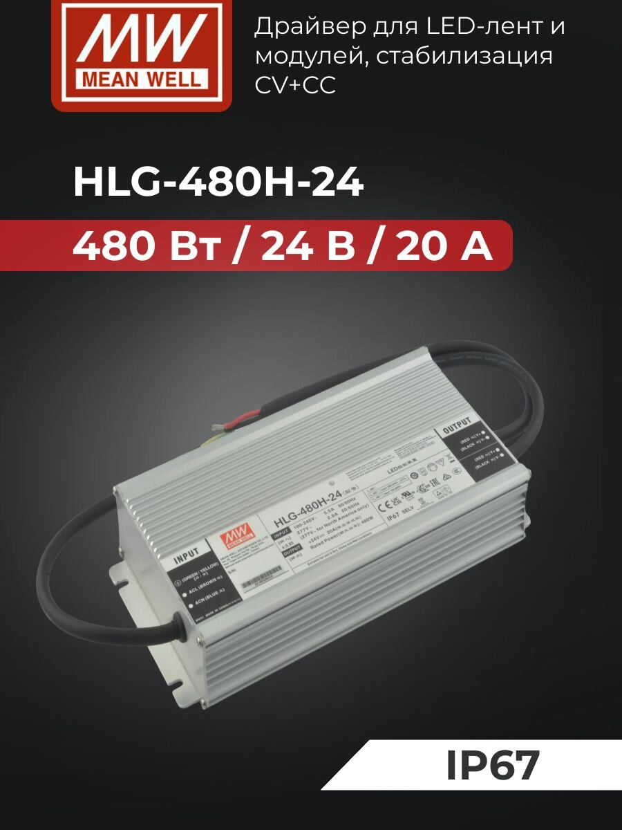 HLG-480H-24 MEAN WELL Блок питания светодиодный 480 Вт, 24 В, 20 А импульсный для лент, светильников и модулей с фиксированным напряжением, в металлическом корпусе IP67, для жестких условий