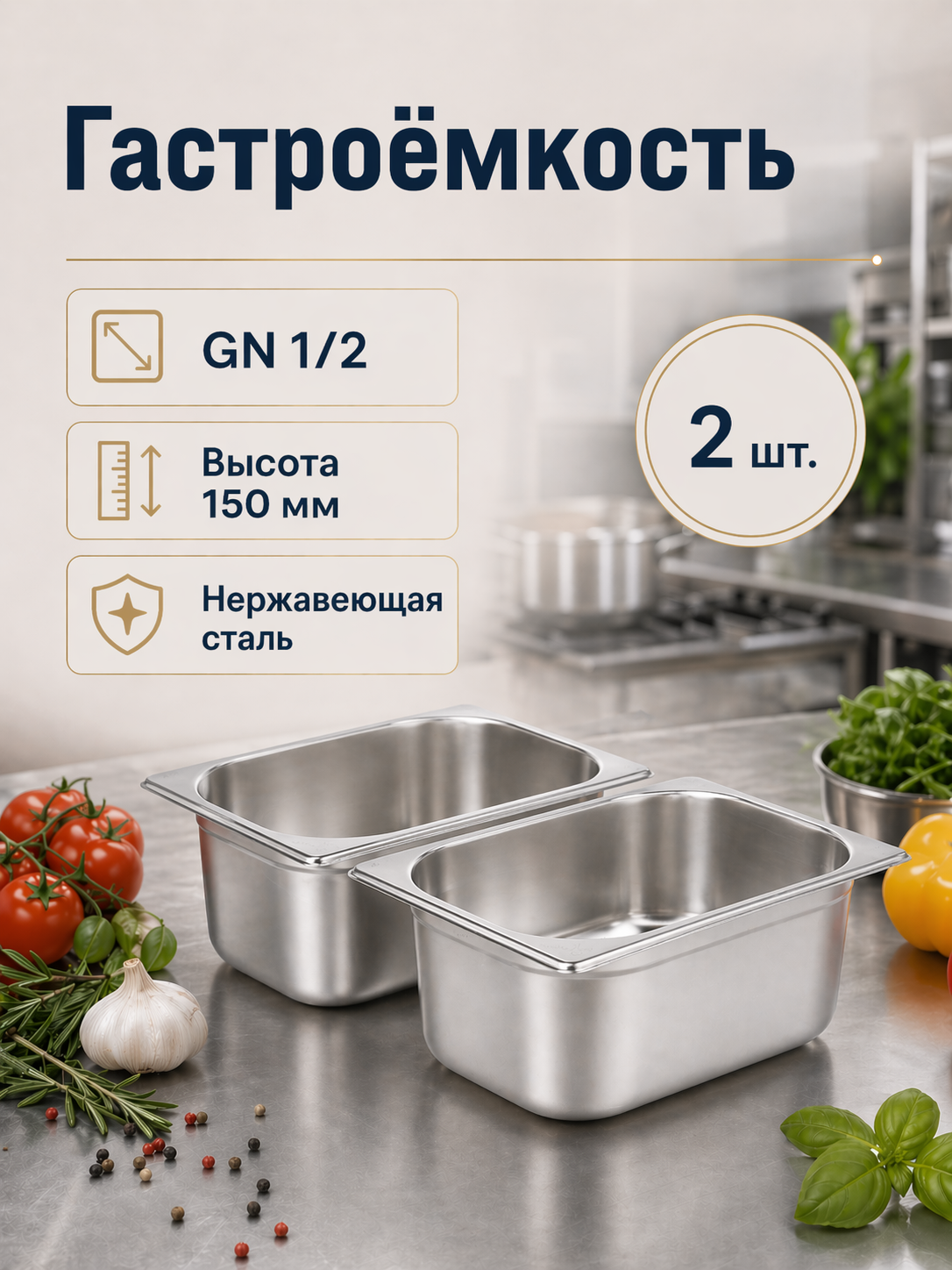Гастроемкость GN 1/2-150 мм, набор 2 шт, нержавеющая сталь