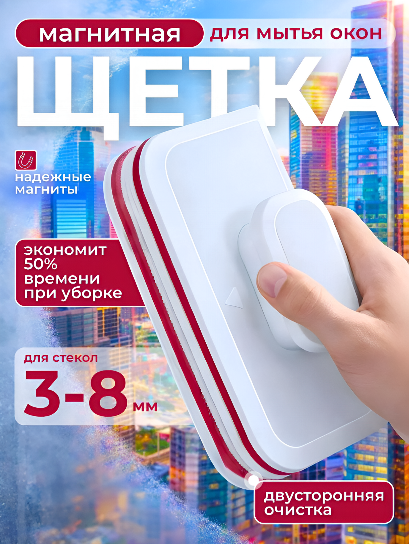 Магнитная щетка для мытья окон с двух сторон с водосгоном, окномойка
