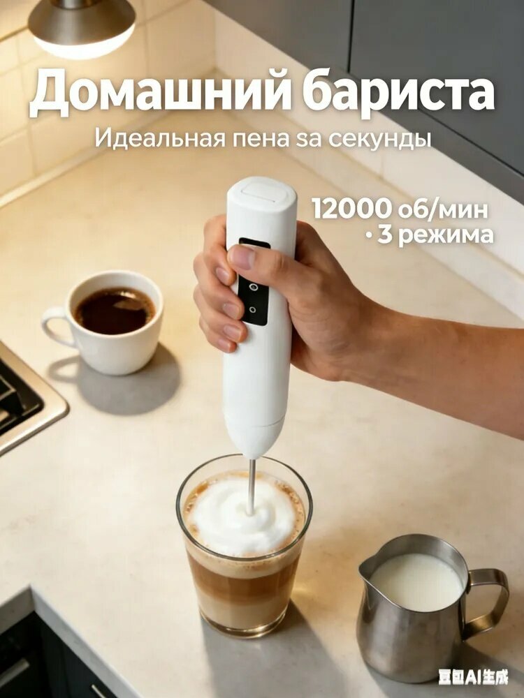 Электрический вспениватель молока, USB Type-C, 12000 об/мин, 3 режима, бесшумный