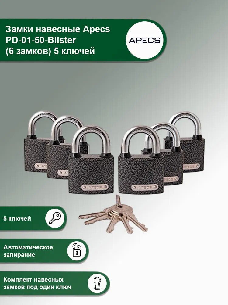 Набор навесных замков под один ключ APECS PD-01-50, 6 замков + 5 ключей, чугун (одя)