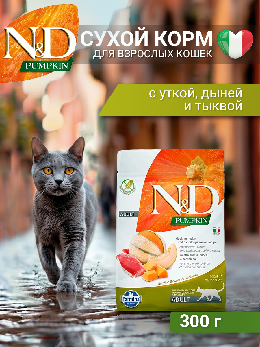 Сухой корм Farmina N&D Pumpkin (Фармина) для взрослых кошек с утка и мускусная дыня с тыквой, 0,3 кг