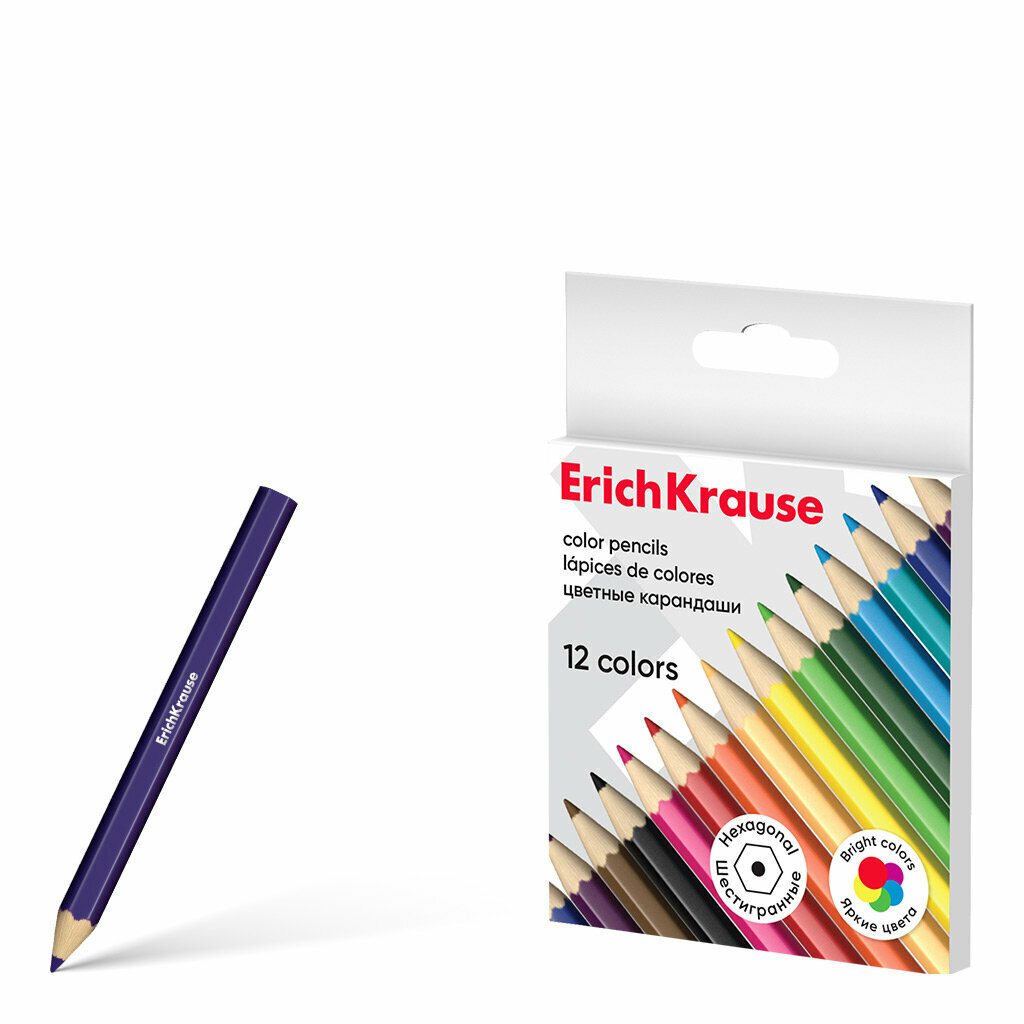 Карандаши ErichKrause цветные деревянные Mini шестигранные, грифель 2.6 мм, 12 цветов, 12 шт в коробке с европодвесом