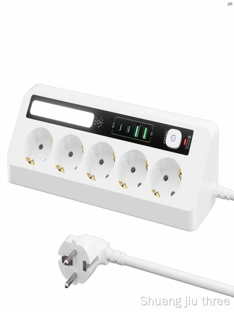 UYI удлинитель 5 гнезд 3 USB порта 10A 4.2A с подсветкой и выключателем для дома и офиса
