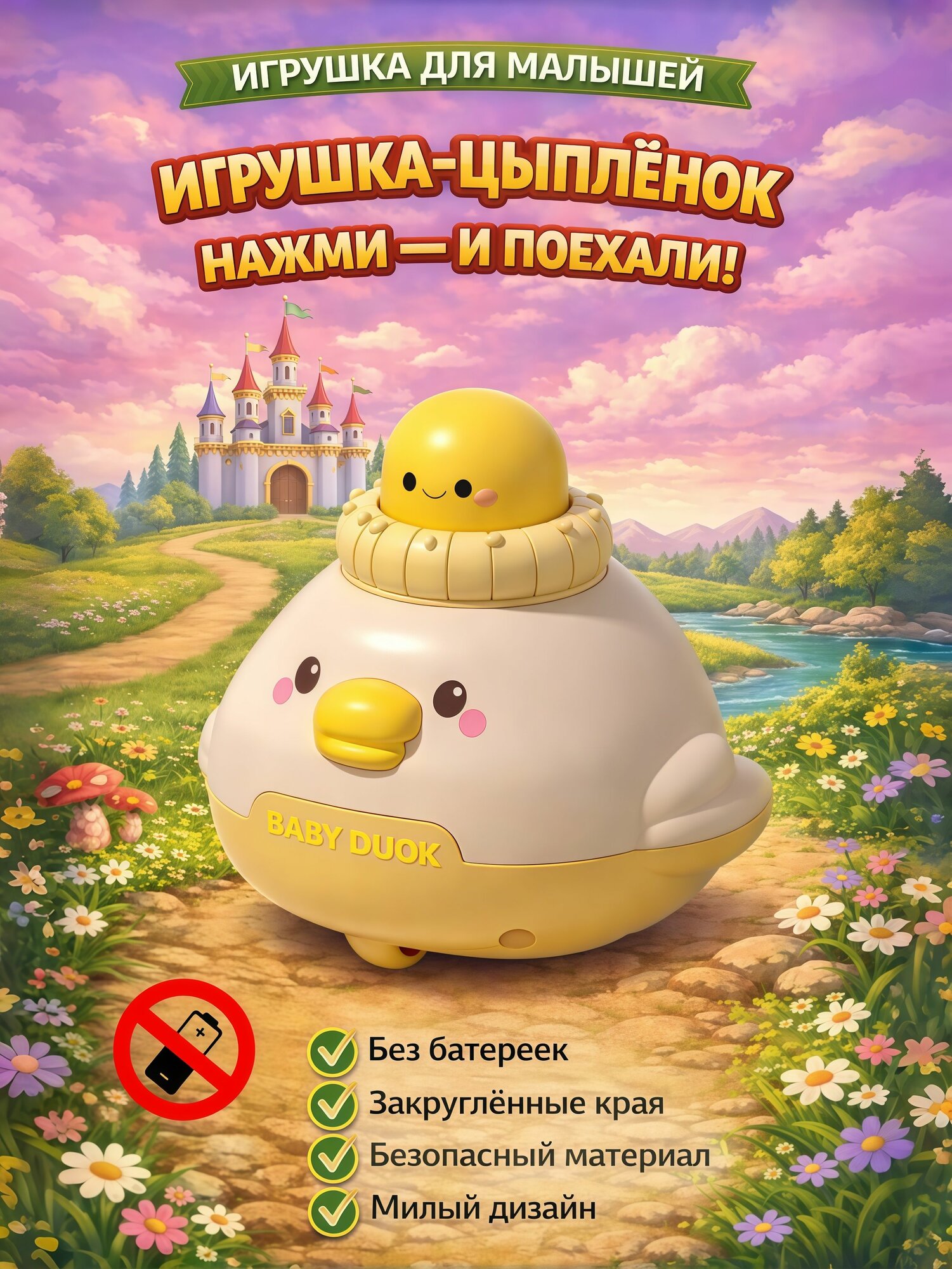 Игрушка-цыплёнок для малышей, нажимная, без батареек, 7,5 см