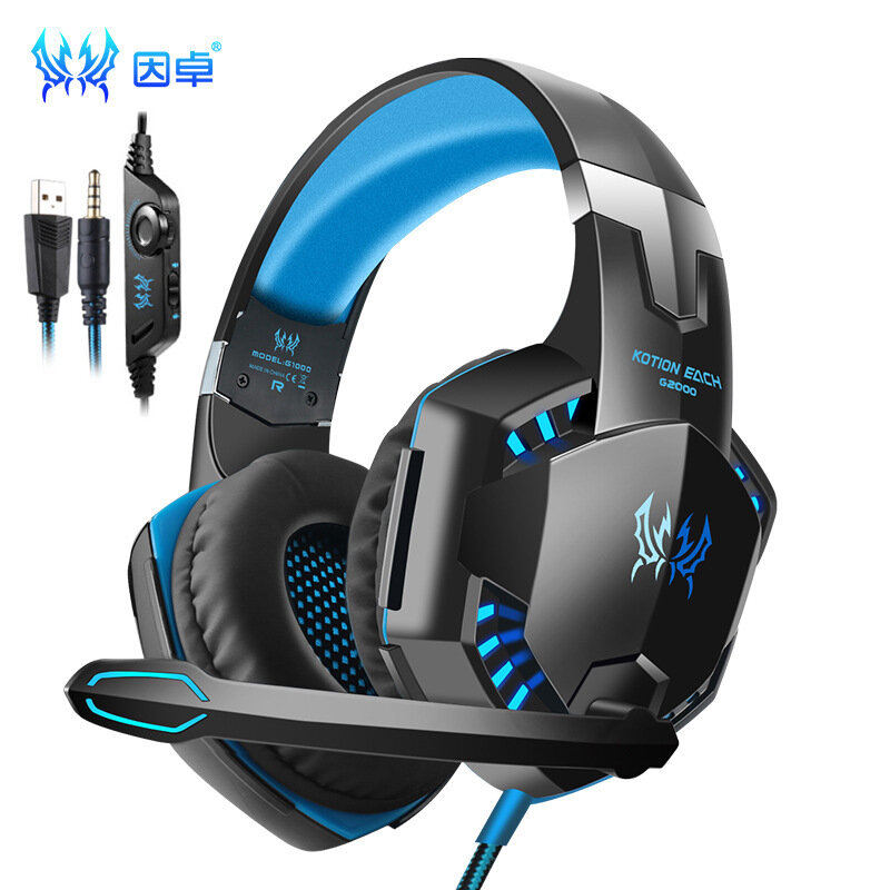 Kotion G2000 Проводная игровая гарнитура с RGB подсветкой для ПК и PS4, одинарный разъем, черно-голубой