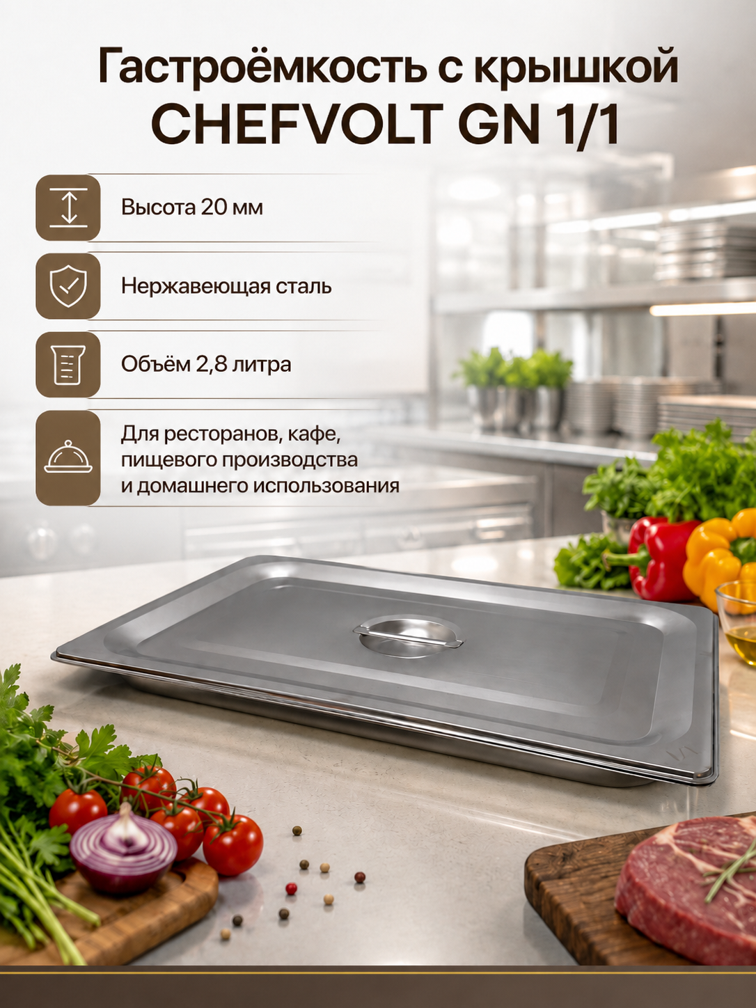 Гастроемкость GN 1/1-20 мм с крышкой, нерж. сталь CHEFVOLT