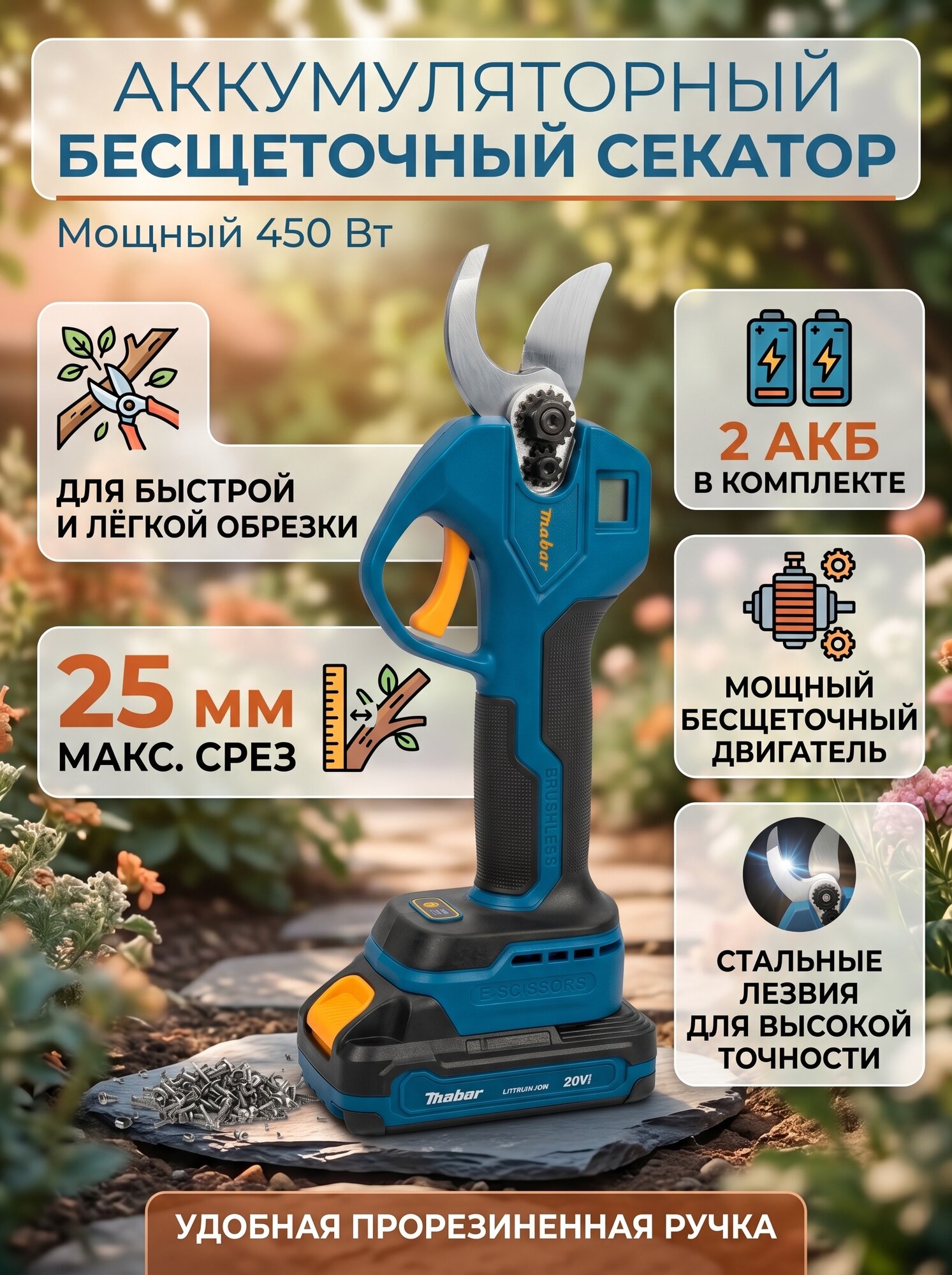 Секатор садовый Mabar, 450Вт, 2 аккумулятора, 20В, бесщеточный