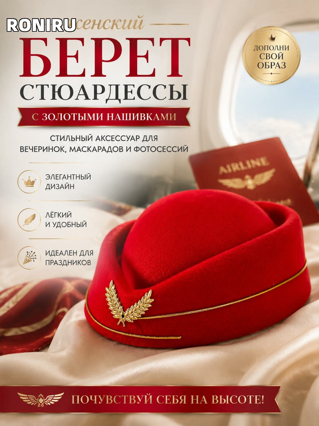 Женский красный берет стюардессы с золотыми нашивками — стильный аксессуар для вечеринок, маскарадов и фотосессий