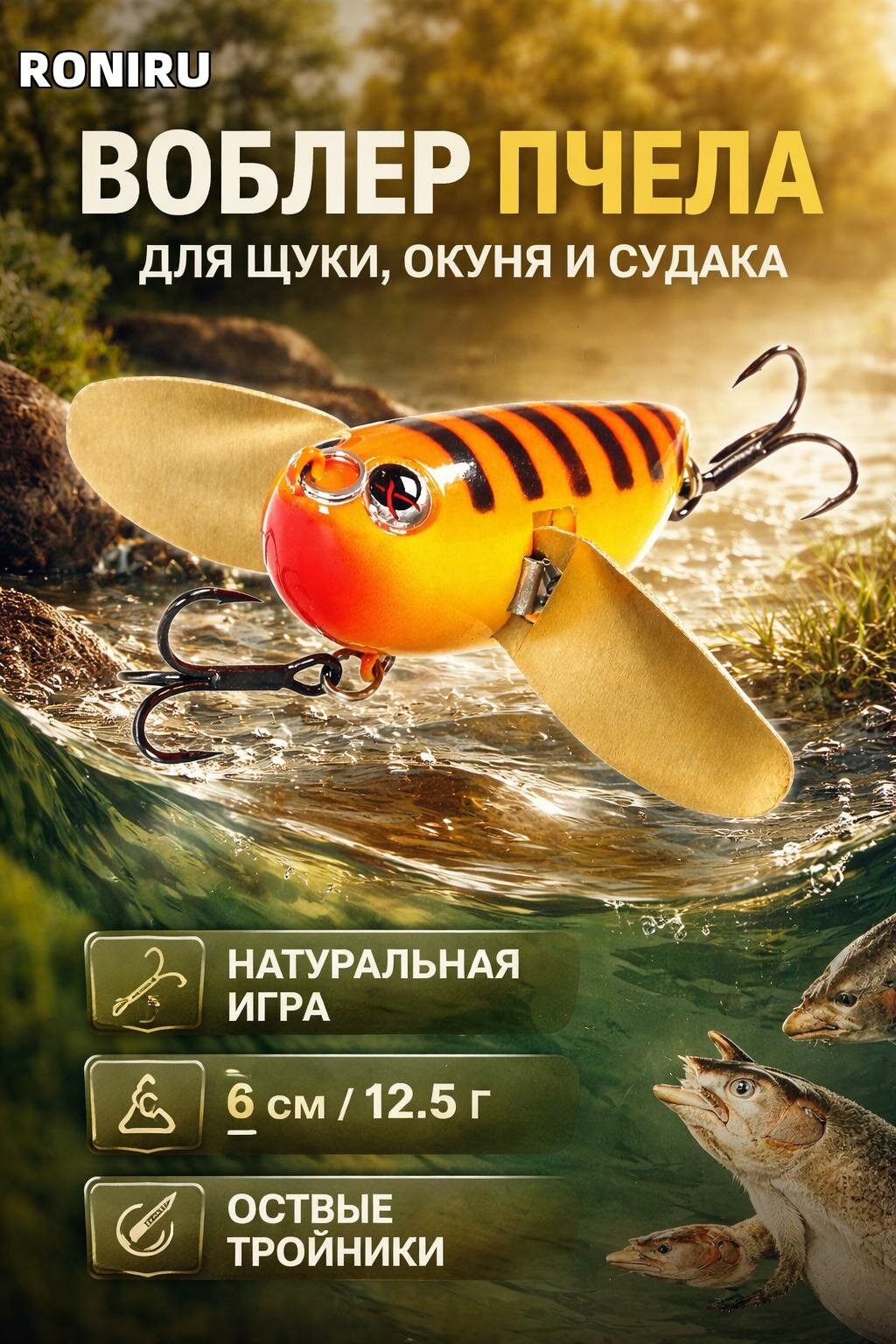 Воблер Пчела для рыбалки — искусственная приманка 6 см 12.5 г для щуки, окуня и судака, спиннинг и троллинг универсал