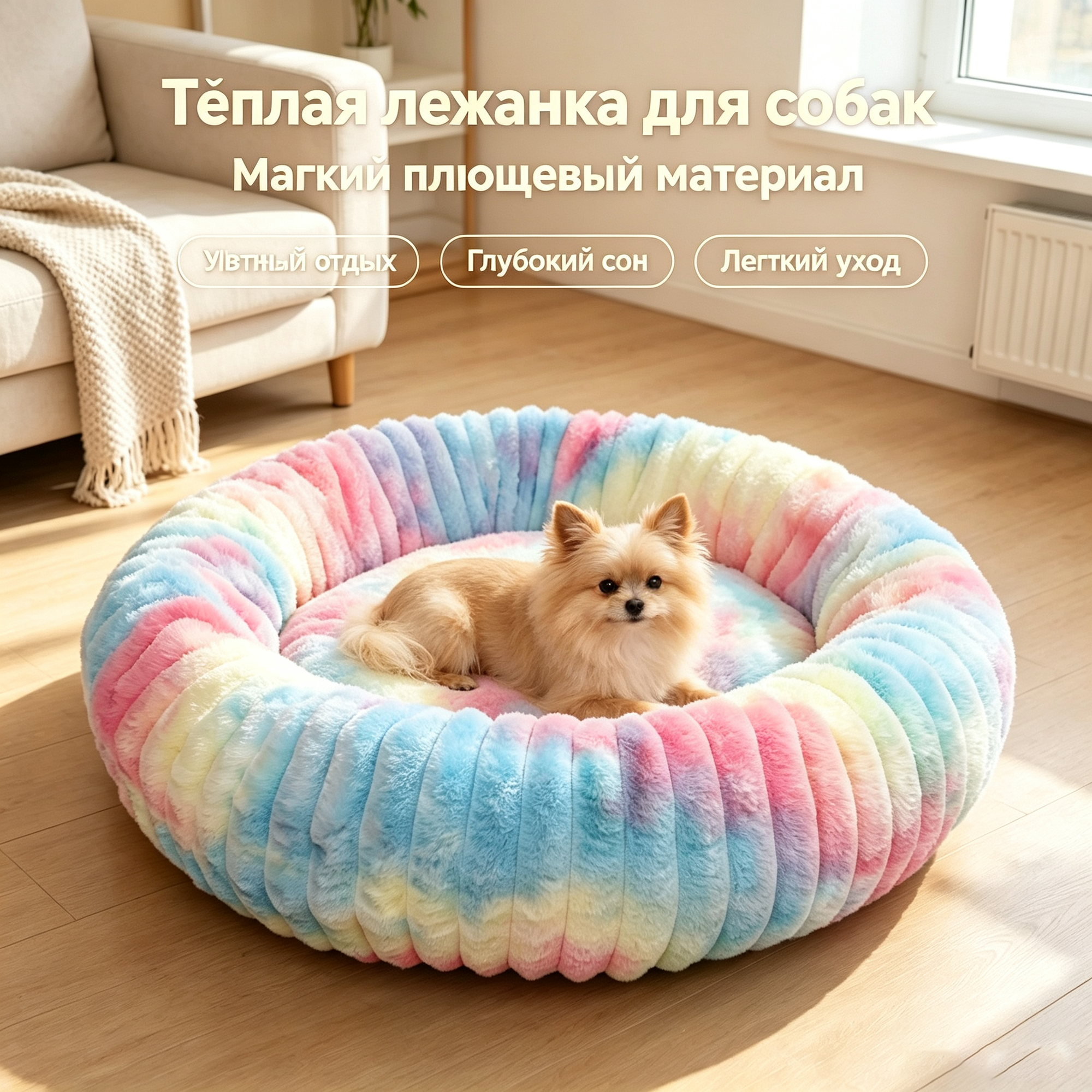 Уютная теплая лежанка разноцветного цвета с высокими бортами, для кошек и крупных собак, диаметр 60 см
