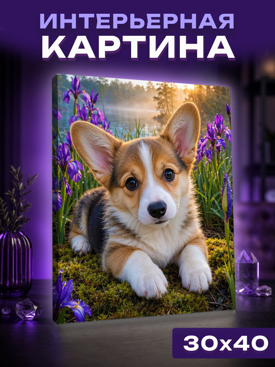 Интерьерная картина Щенок корги на берегу озера среди ирисов