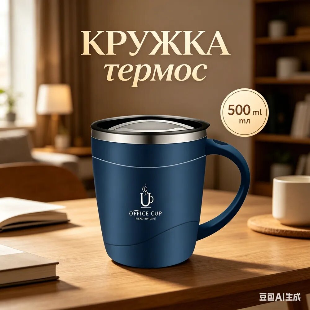 Термокружка Office Cup, 0.5 л, нержавеющая сталь, пластик, с ручкой, синяя, для горячих и холодных напитков