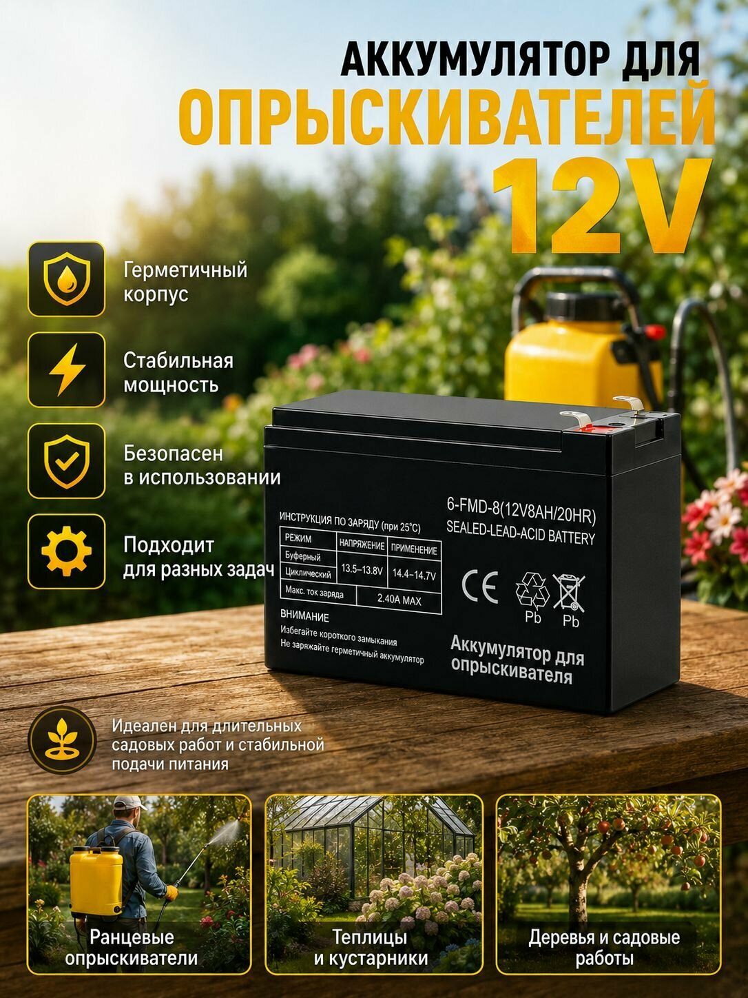 Надёжный энергомодуль постоянного тока 12V 8Ah для садовых и сельскохозяйственных опрыскивателей, стабильное питание для длительных работ
