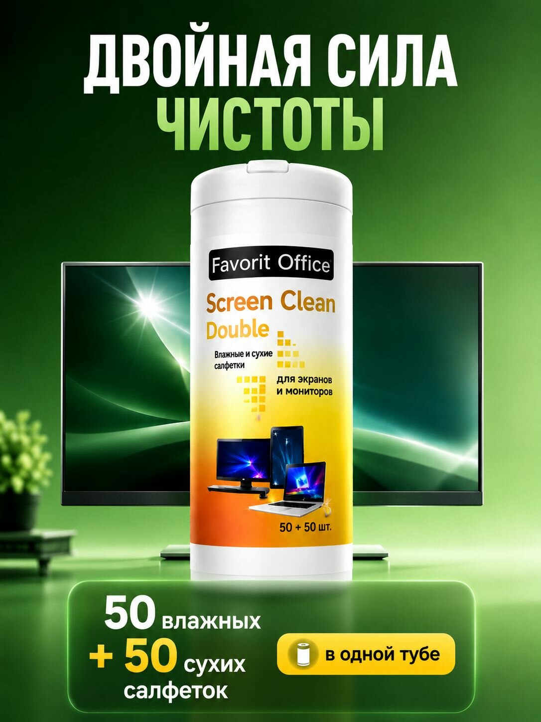 Салфетки для монитора, экрана, электроники / Салфетки влажные, безворсовые, Favorit Office - 100 шт в тубе