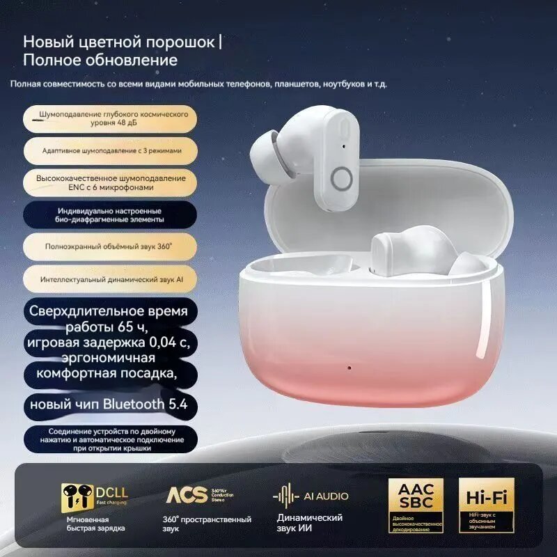 Наушники беспроводные с микрофоном, Bluetooth, белый, розовый